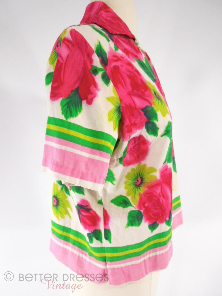 Vintage 1960s Pink Roses Swing Top Fuchsia and Green V-Neck Blouse - lg ...